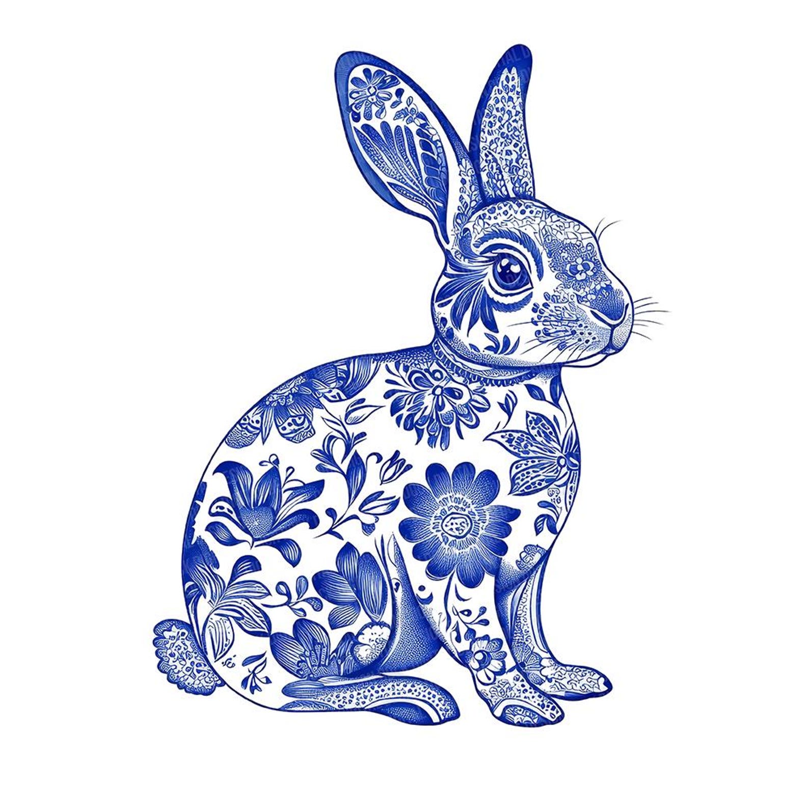 Delft Blue Rabbit Clipart, 12x Watercolor Bunny PNG Set, Floral Rabbit ...