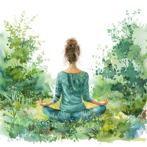 12x Yoga Watercolor Clipart, Yoga in Garden Clipart, Printable ...