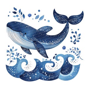 Whale PNG Clip Art, 12x Folk Art Whale Splash Clipart Set, Watercolor ...