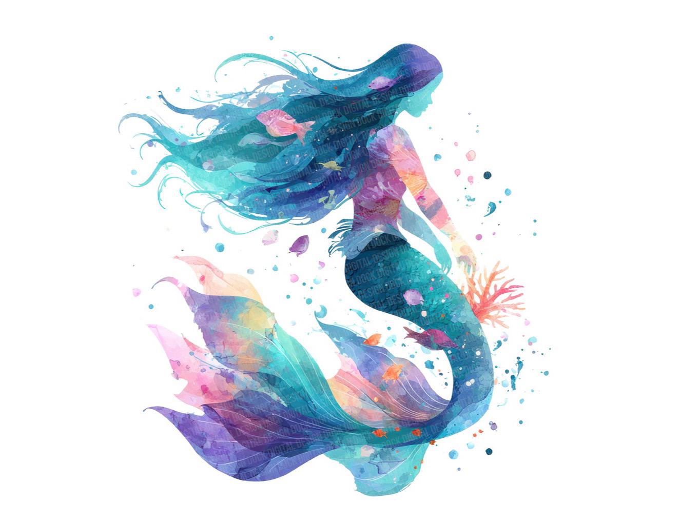 Mermaid PNG Clipart, 12x Splash Ink Mermaid Clip Art Set, Printable ...