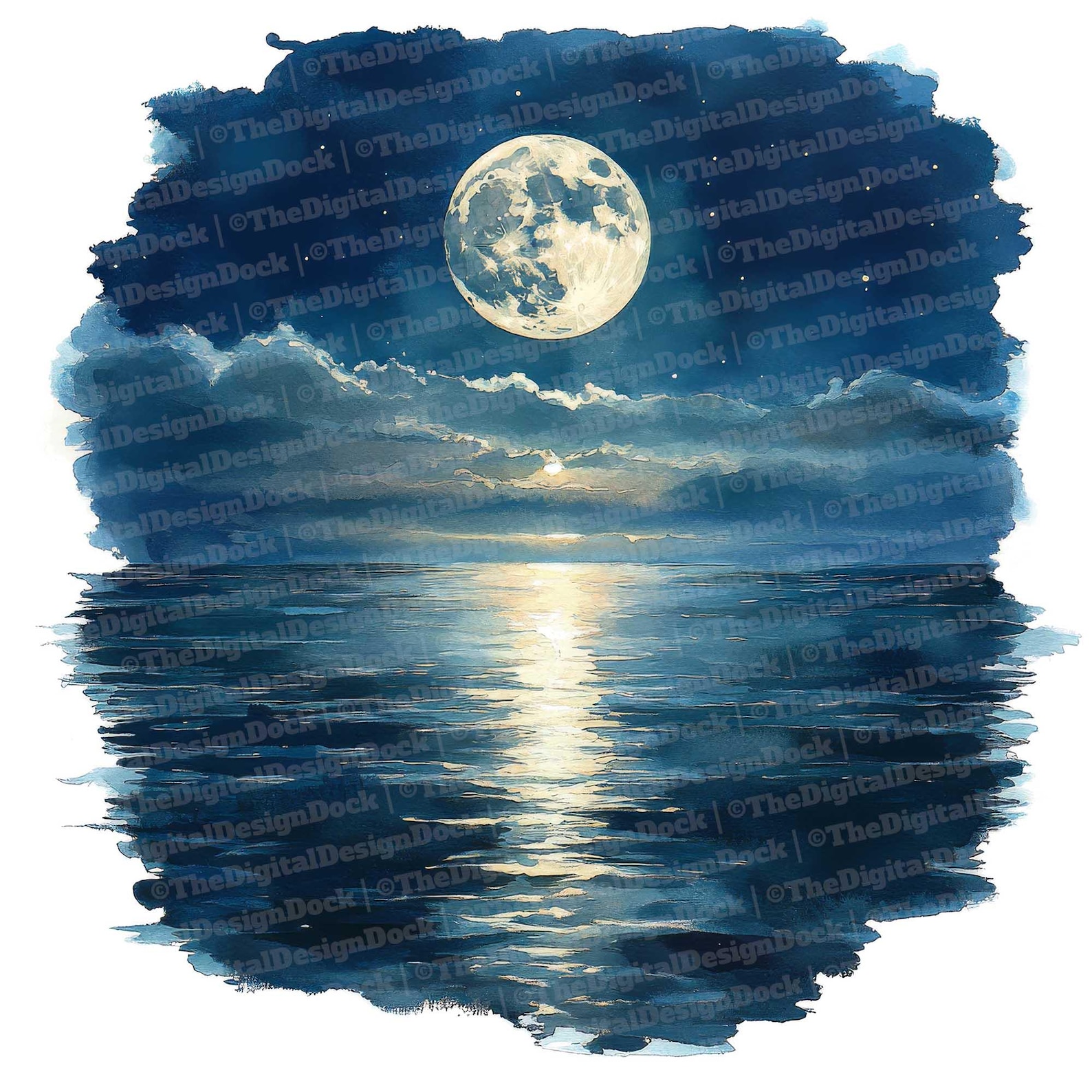 12 Moon Over Water Clipart, Watercolor Full Moon Reflection, Printable ...