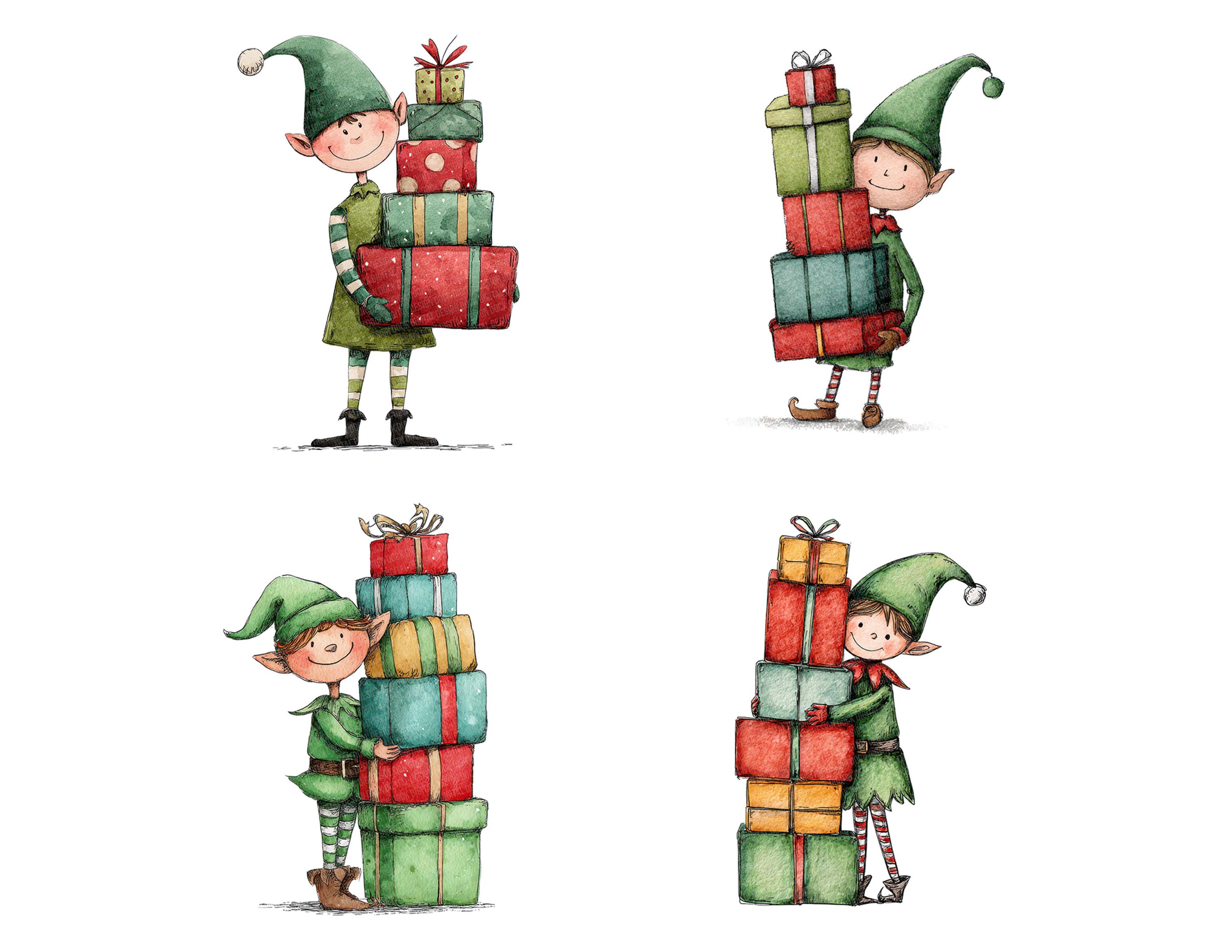 Elf PNG Clipart, 12 Christmas Elf With Presents Clip Art, Watercolor ...