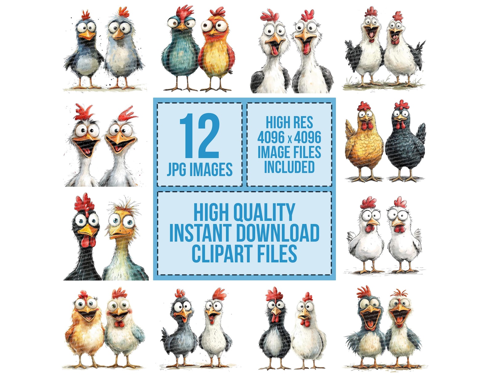 12 Funny Chicken Clip Art, Watercolor Quirky Chicken Friends ...