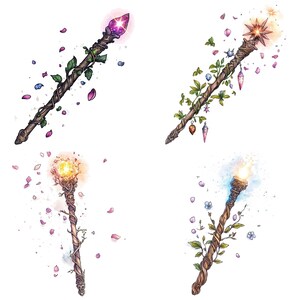 Magic Wand PNG Clipart, 12x Floral Witch Wand Clip Art Set, Printable ...
