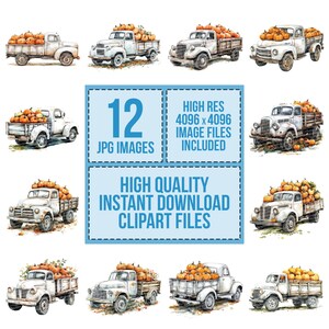 Pumpkin Truck Clip Art, 12x Watercolor Vintage Truck Pumpkins Harvest ...