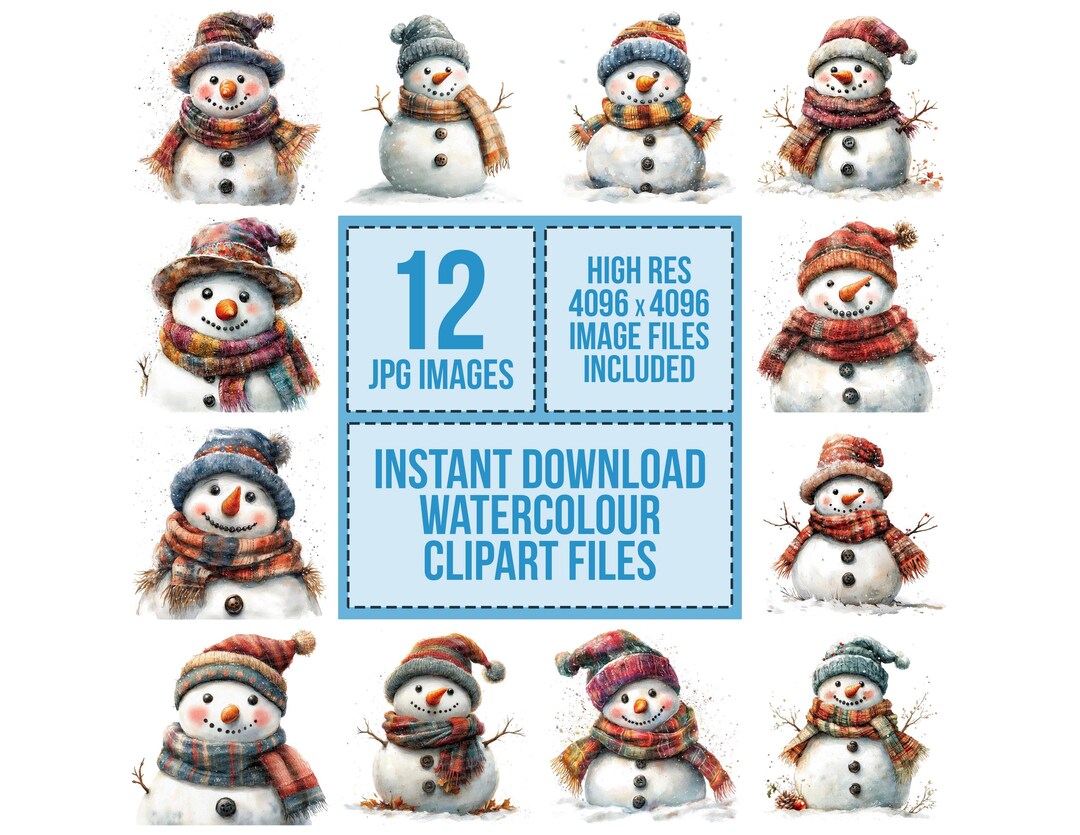 Cute Snowman Clipart, 12 High Quality Jpgs, Watercolor Winter Art ...