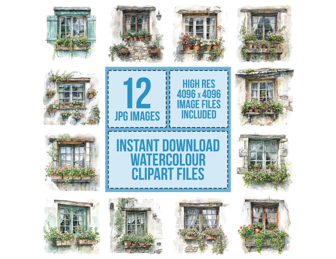 12 Rustic Window Clipart, Watercolor Flower Window Box Clipart ...