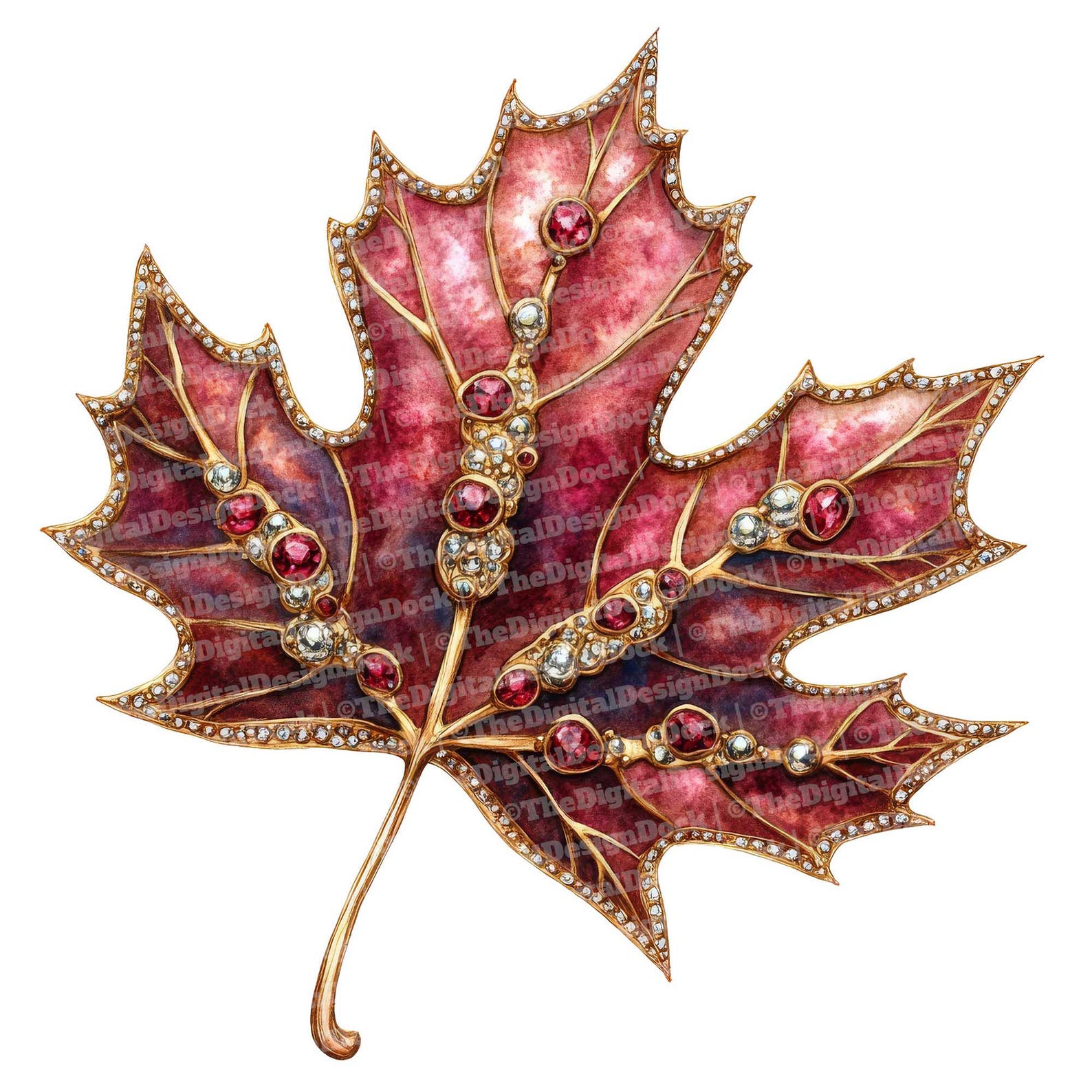 Jeweled Maple Leaf Clip Art, 12x Watercolor Leaf With Gems Clipart Set ...