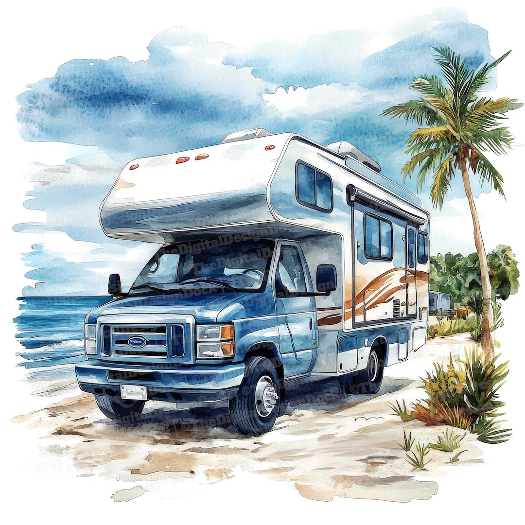12 Camper Van Clipart, Watercolor RV on Beach, Summer Travel Clipart ...