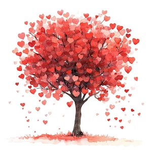 12x Heart Tree Clipart, Watercolor Red Tree With Falling Hearts ...