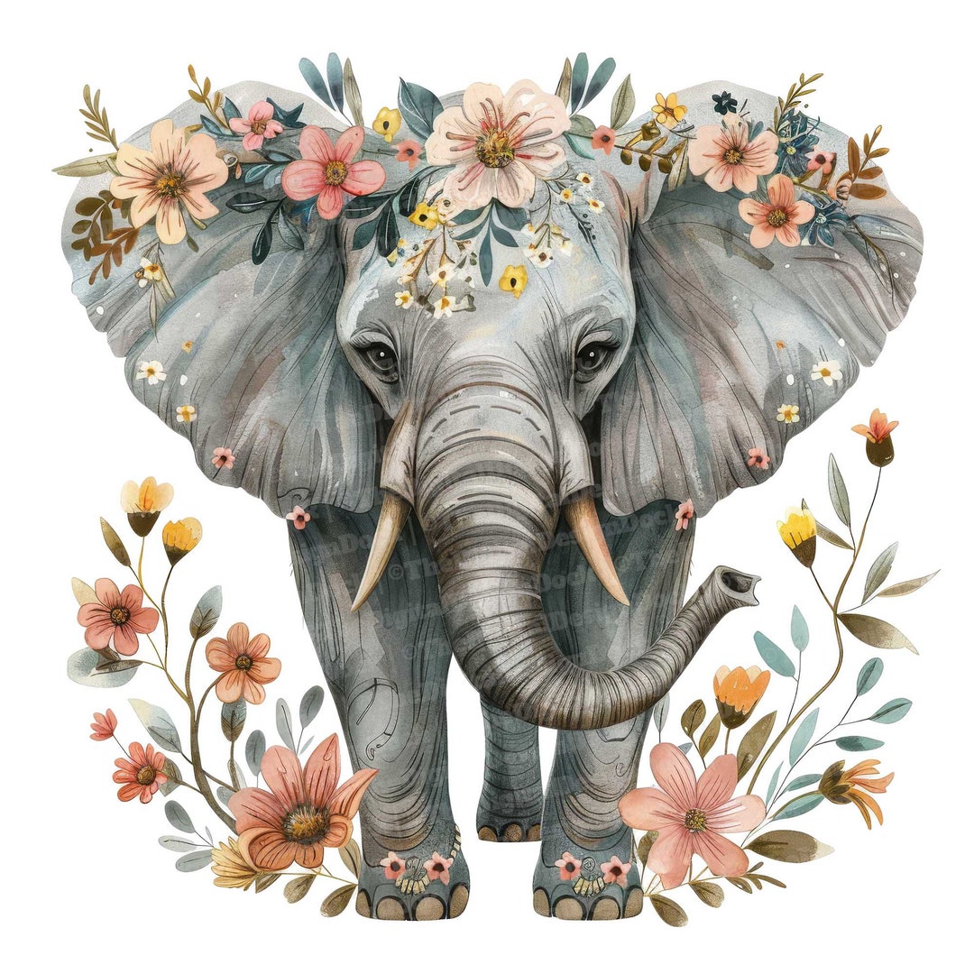 Floral Elephant Clipart, 12 Jpgs, Flowers Clipart, Printable ...