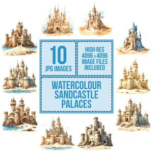 10x Watercolor Sandcastle Palace Beach Seaside Clipart JPG Digital Clip ...