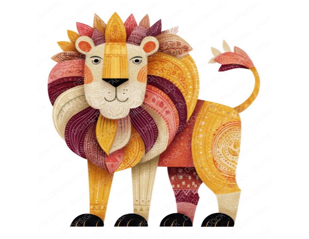 Lion PNG Clipart, 12x Folk Art Lion Clipart Set, Printable Watercolor ...