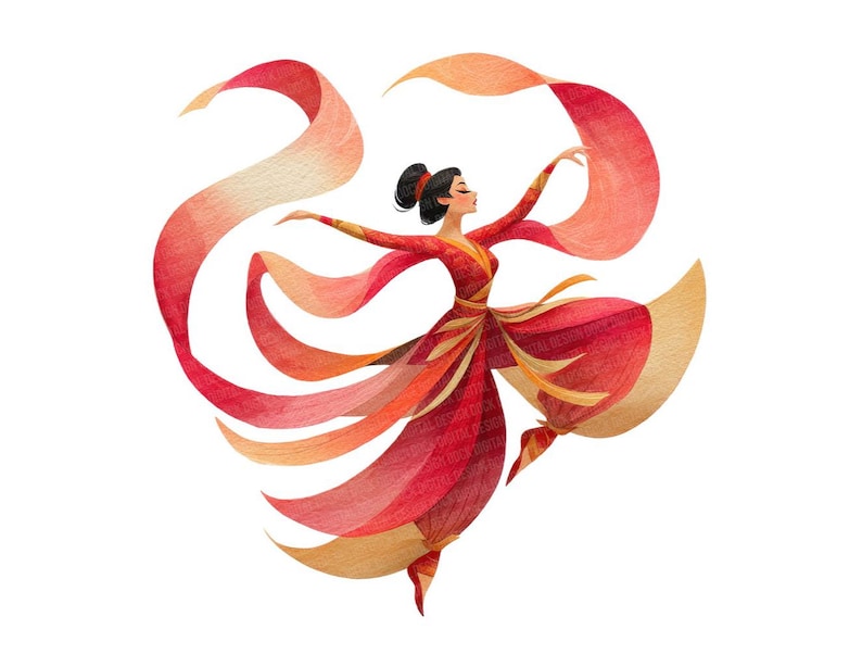 12x Flowing Ribbon Dance Clipart, Watercolor Traditional Dancer Clip ...