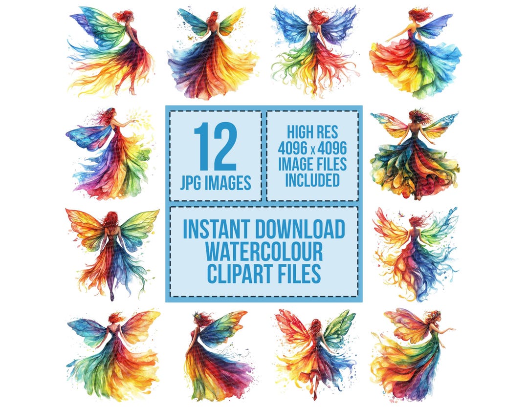 12 Rainbow Fairy Clipart, Watercolor Fantasy Fairy Clipart, Printable ...