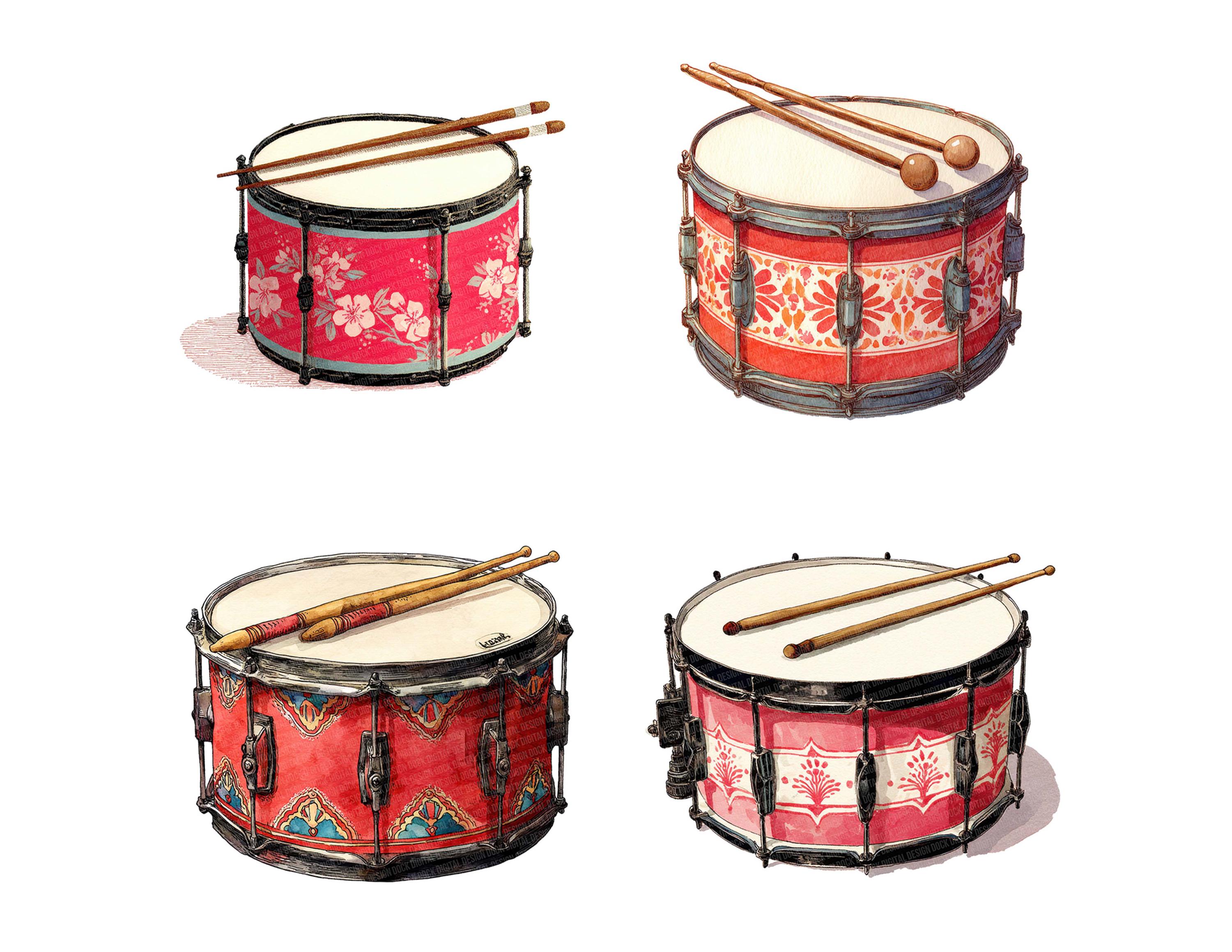 Drum PNG Clipart, 12x Vintage Percussion Instrument Clip Art Set ...