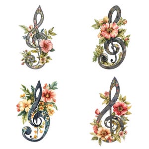 12 Music Clef Floral PNG Clipart, Flowers Music Note Watercolor Clip ...