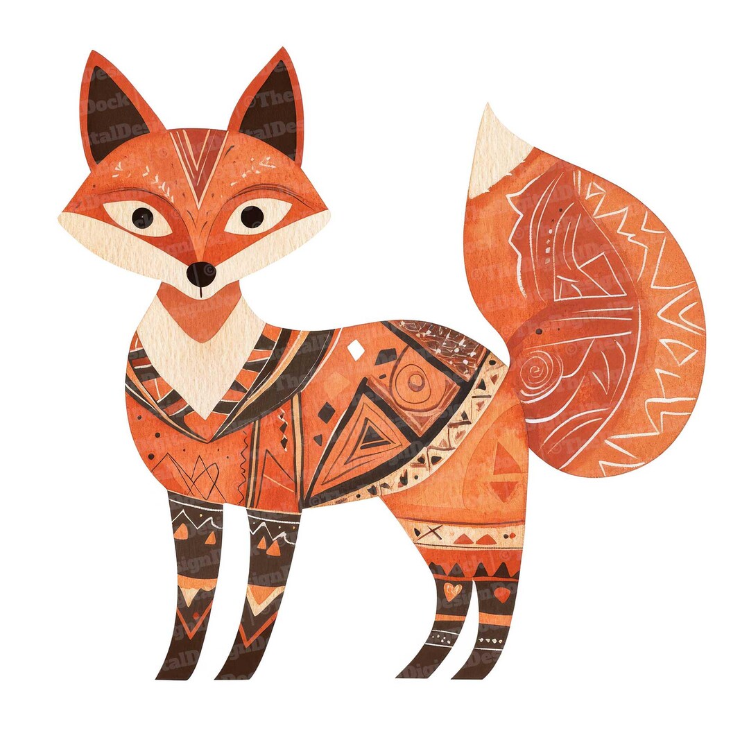 Folk Art Fox Clip Art, 12x Decorative Fox Clipart Set, Watercolor Clip ...