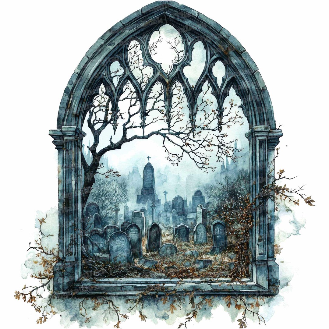 12x Gothic Cemetery Clipart, Haunted Graveyard Window, Printable ...