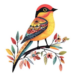 Folk Bird Clipart, 12x Colorful Birds on Floral Vine Clip Art Set ...