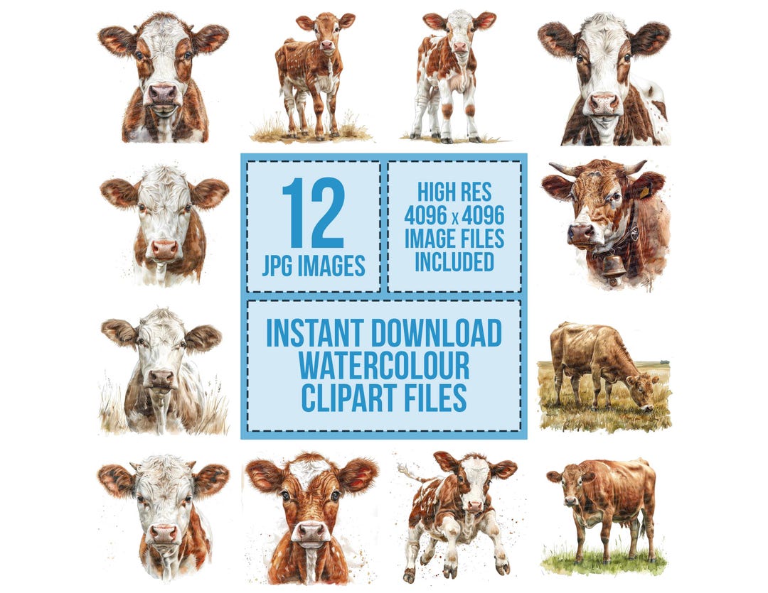 12 Brown Cow Clipart, Watercolor Farm Animal Clipart, Printable ...