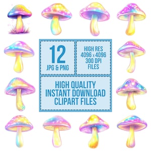 Rainbow Mushroom PNG Clipart, 12x Magical Fantasy Mushroom Clip Art Set ...