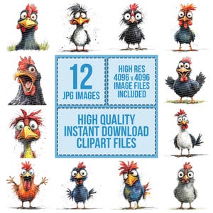 12 Funny Chicken Clip Art, Watercolor Crazy Chicken Clipart Set, Farm ...