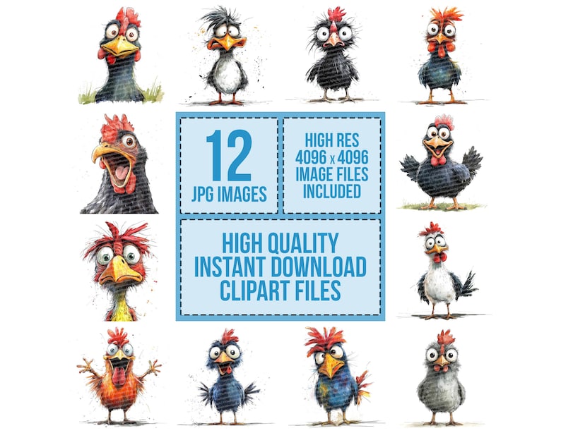 12 Funny Chicken Clip Art, Watercolor Crazy Chicken Clipart Set, Farm ...