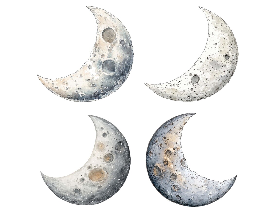 Crescent Moon PNG Clipart, 12x Lunar Clip Art Set, Printable Watercolor ...