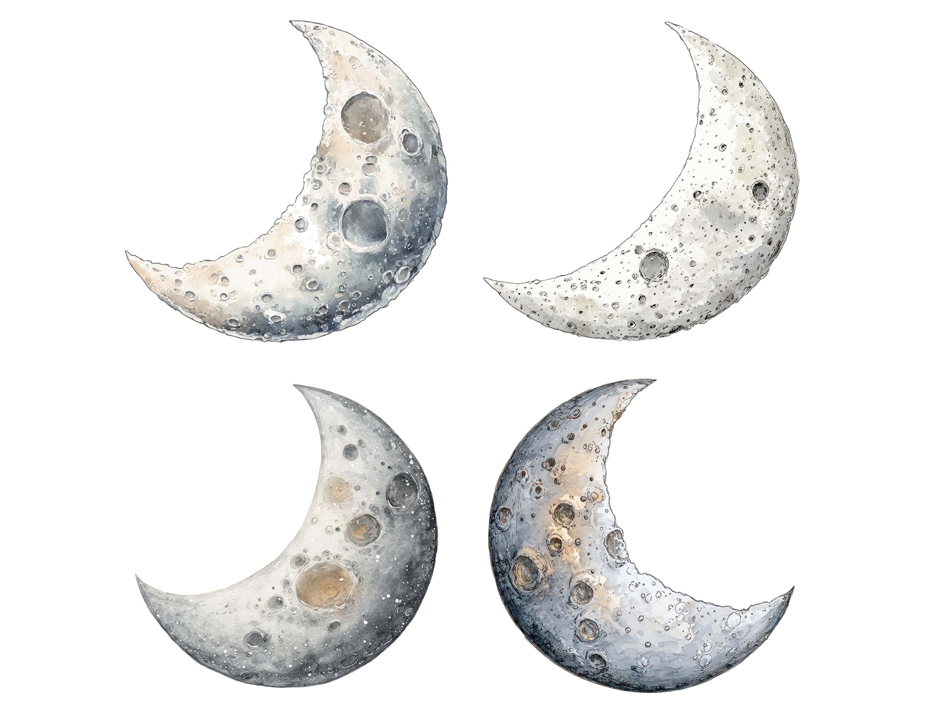 Crescent Moon PNG Clipart, 12x Lunar Clip Art Set, Printable Watercolor ...