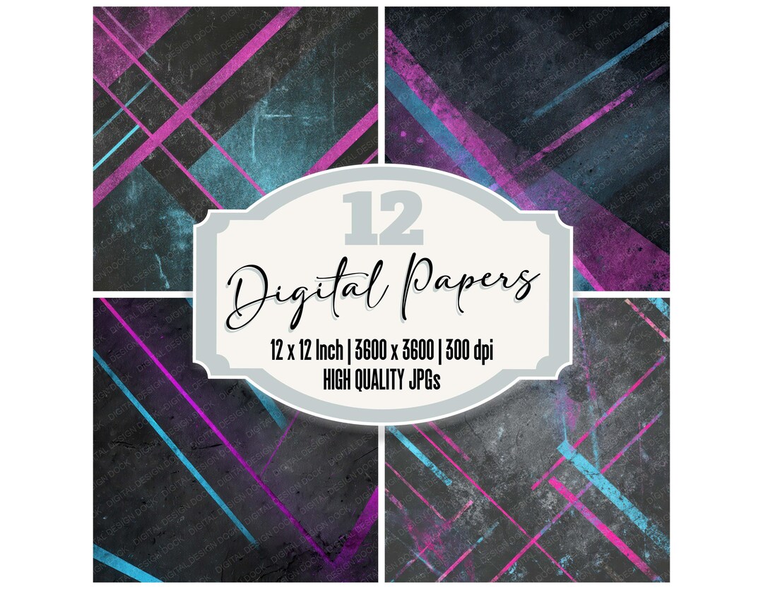 12x Distressed Neon Geometry Digital Paper Pack Grunge Abstract Lines ...