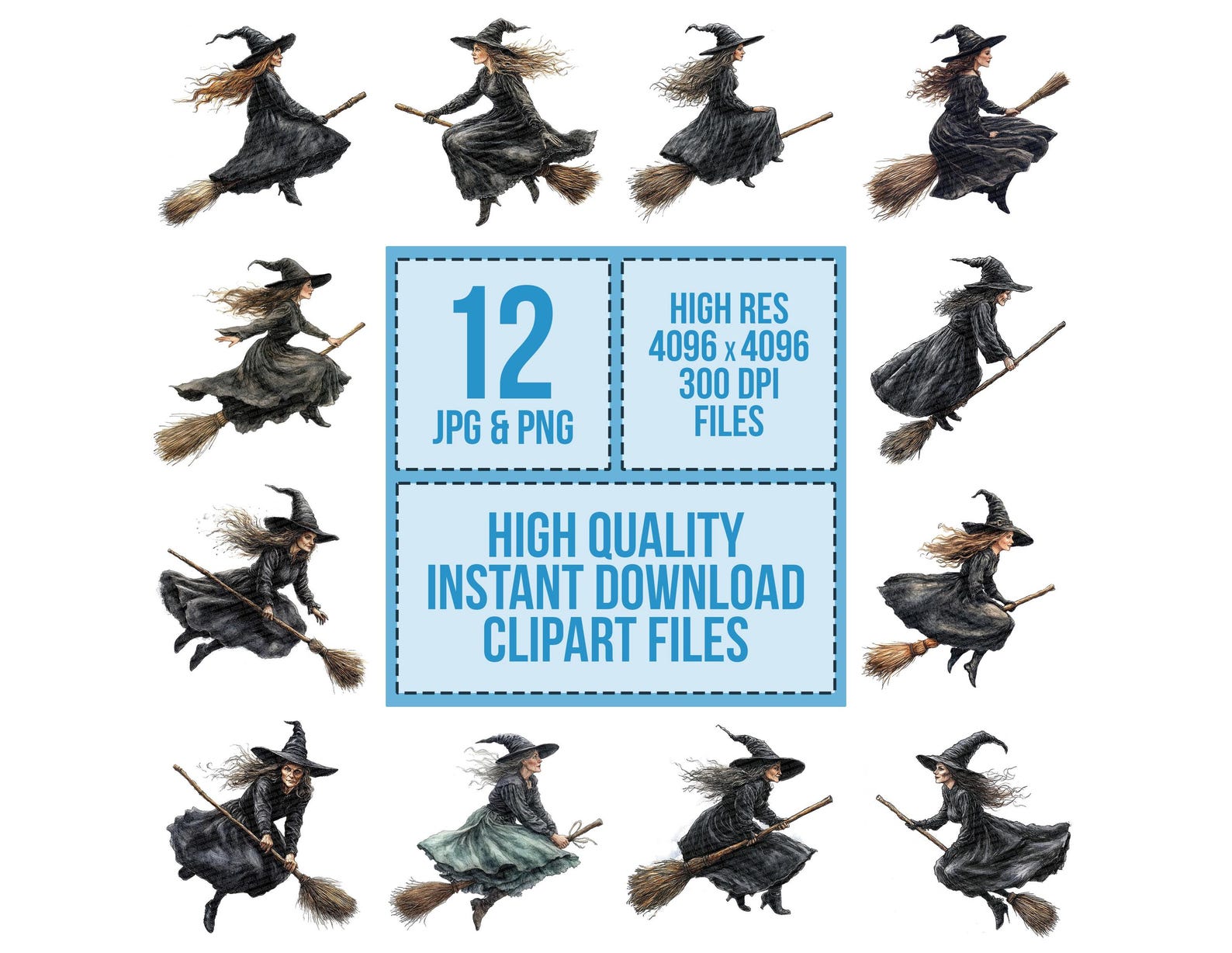 Witch PNG Clipart, 12x Halloween Witch Clip Art Set, Printable ...