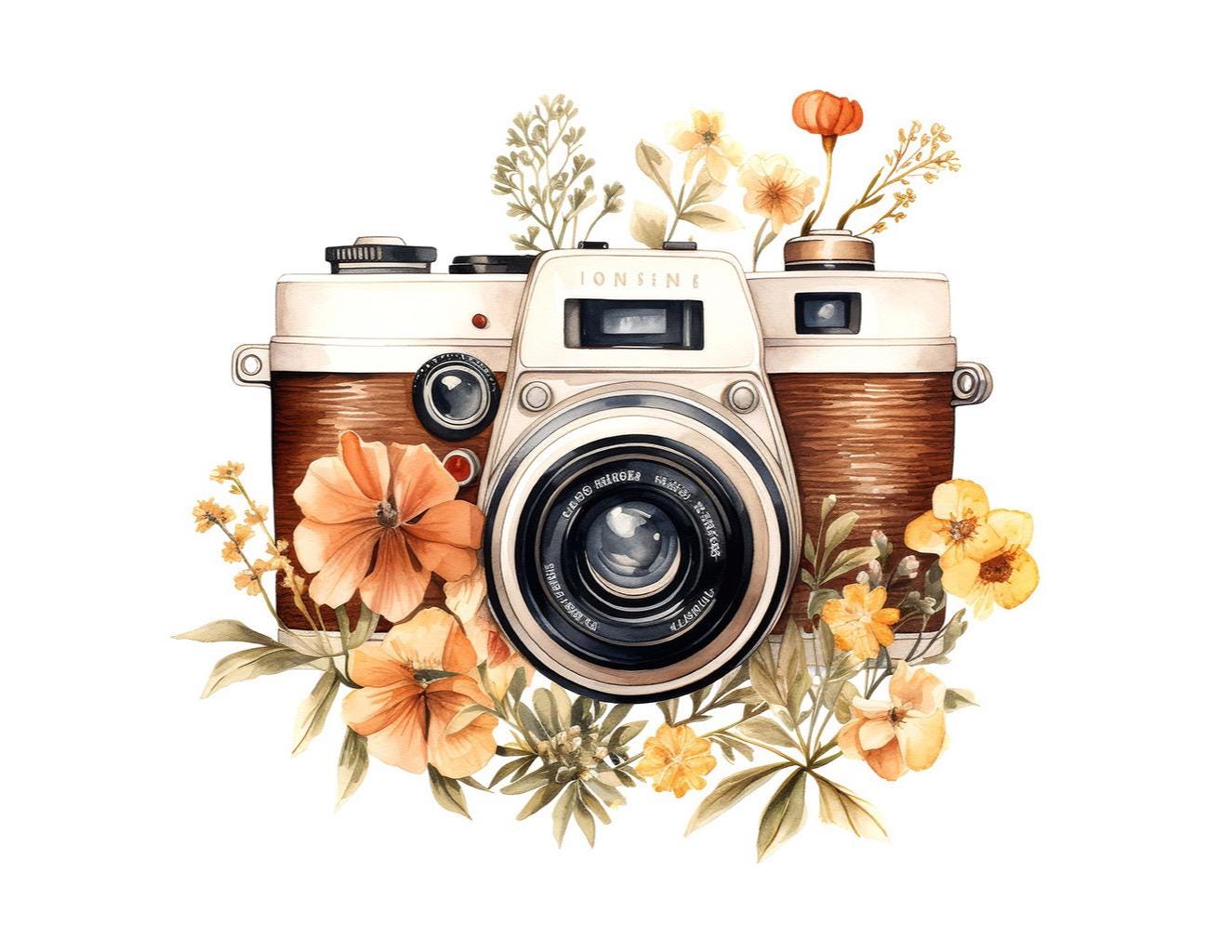 Vintage Camera Clipart, 12x Floral Photography PNG Set, Printable ...