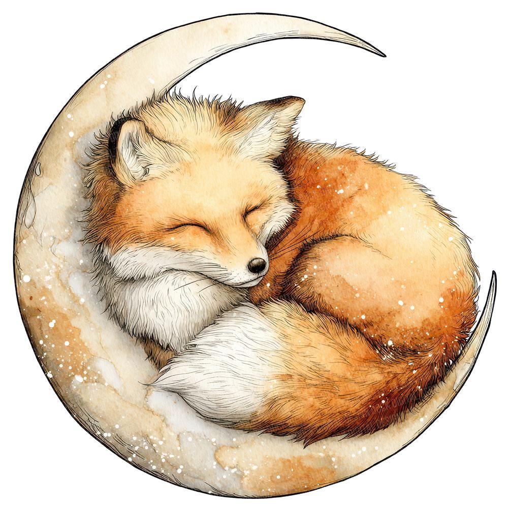 12x Crescent Moon Fox PNG Clipart, Watercolor Sleeping Foxes Clip Art ...