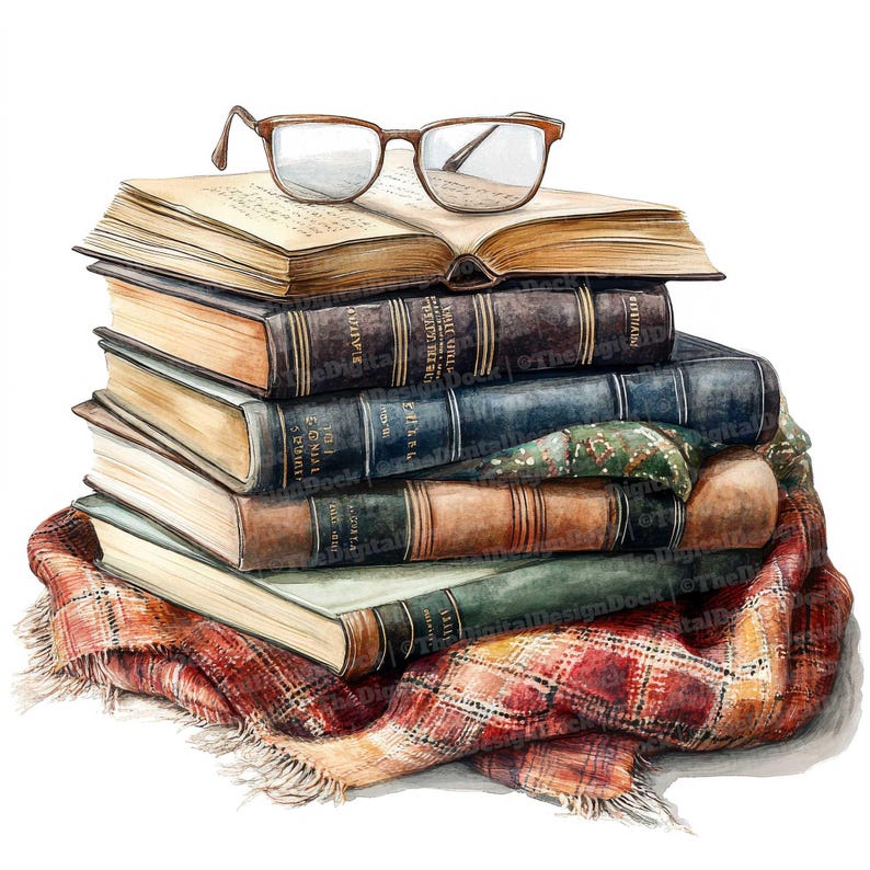 12 Vintage Books Clipart, Watercolor Stack of Books Illustration ...