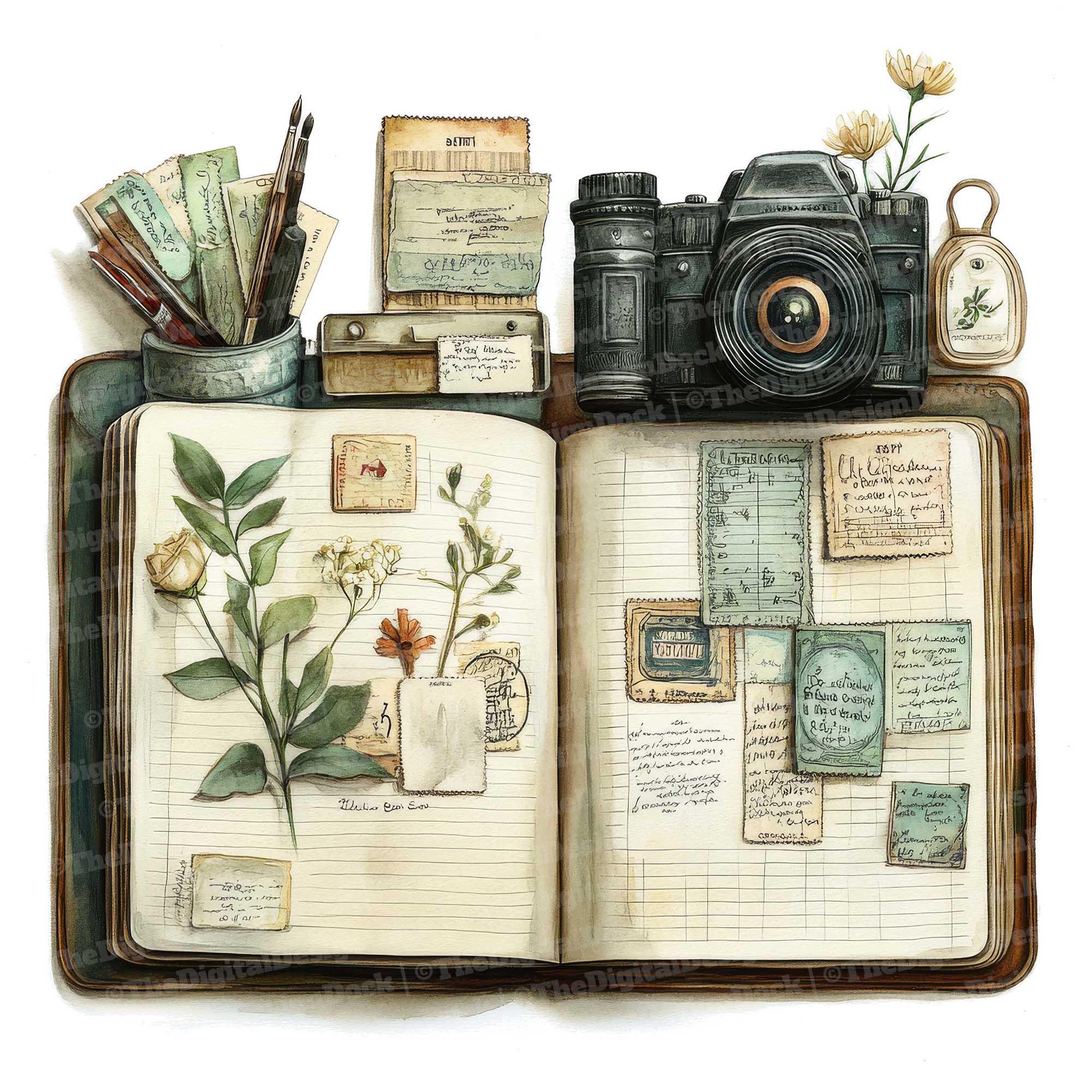 12 Vintage Junk Journal Clipart, Watercolor Journal Pages Art ...