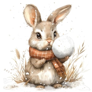 12 Bunny With Snowball Clipart, Winter Rabbit Clipart, Printable ...