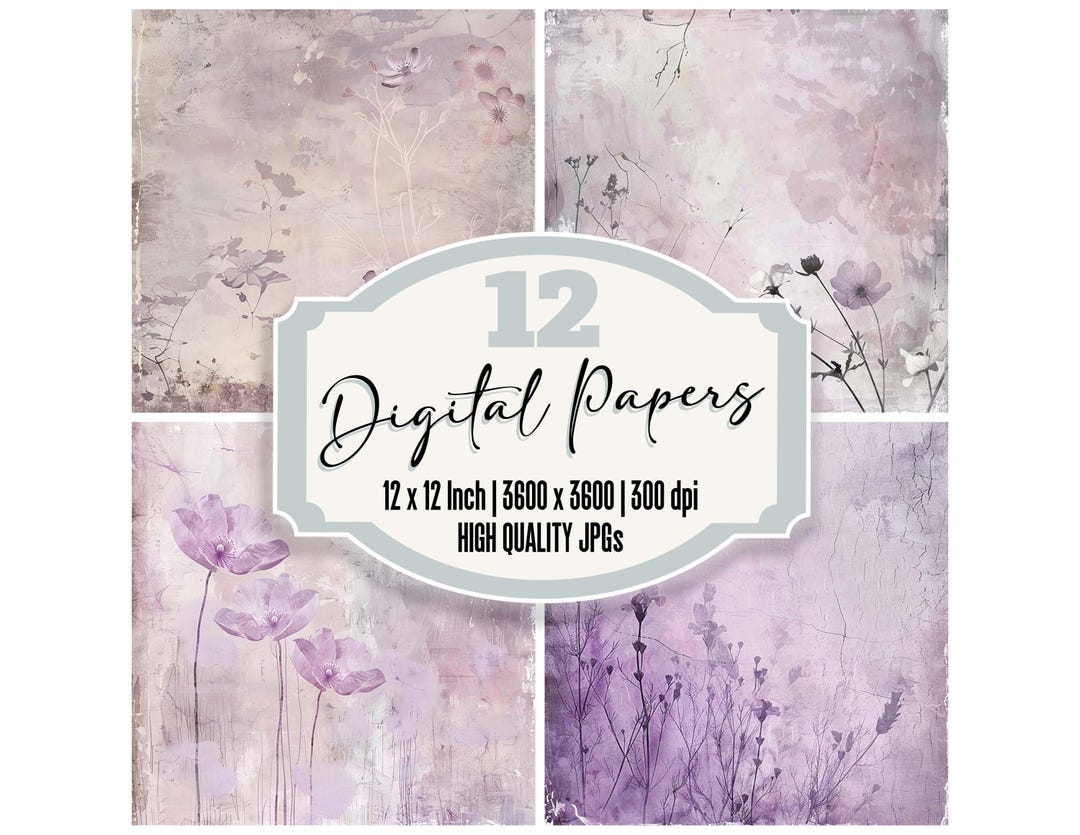 12x Delicate Purple Floral Digital Paper Pack, Vintage Pastel Lavender ...