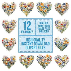 12x Boho Floral Heart Clipart, Watercolor Wildflower Art, High Quality ...
