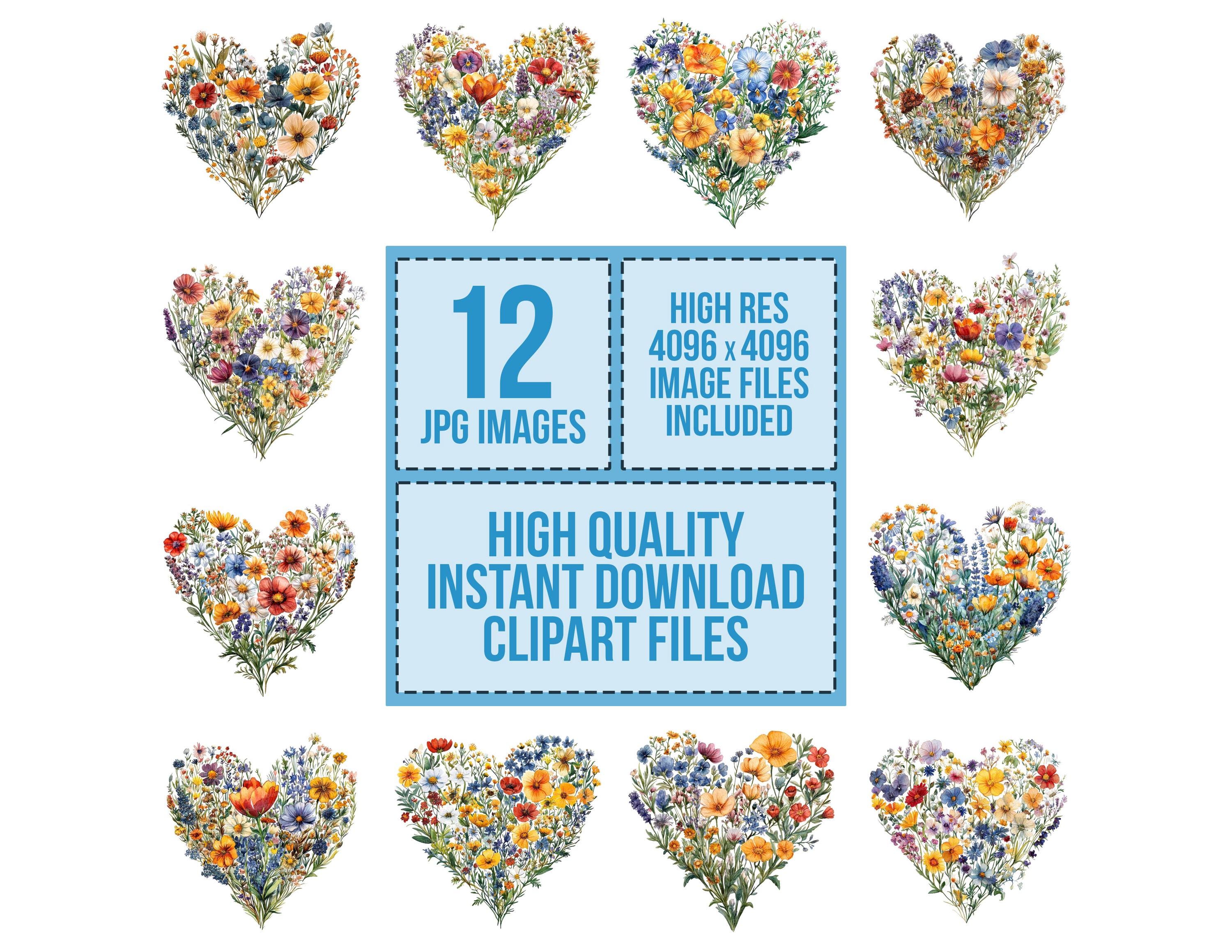 12x Boho Floral Heart Clipart, Watercolor Wildflower Art, High Quality ...