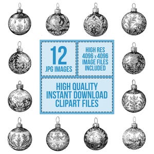 Ornate Bauble Clip Art, 12x Vintage Christmas Ornament Sketch Clipart ...