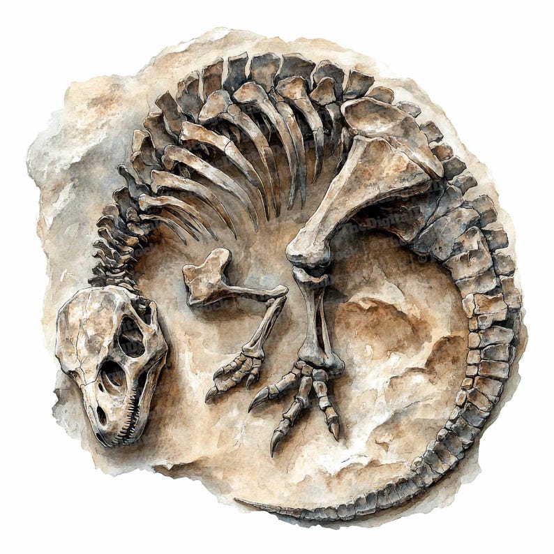 12 Dinosaur Fossil Clipart, Watercolor Prehistoric Skeleton, Printable ...