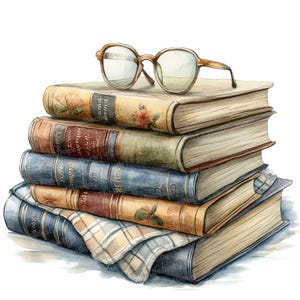 12 Vintage Books Clipart, Watercolor Stack of Books Illustration ...