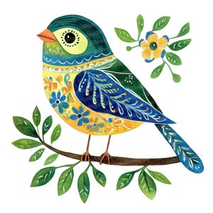 Folk Art Bird Clip Art, 12x Decorative Floral Bird Clipart Set ...