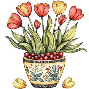 Folk Floral Pot Clipart, 12x Flower Pots With Tulips Clip Art Set ...