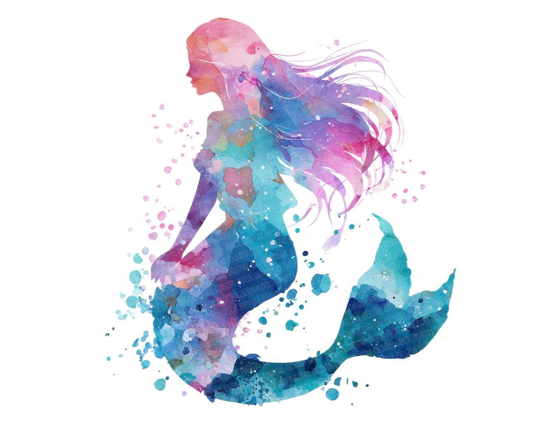 Mermaid PNG Clipart, 12x Splash Ink Mermaid Clip Art Set, Printable ...