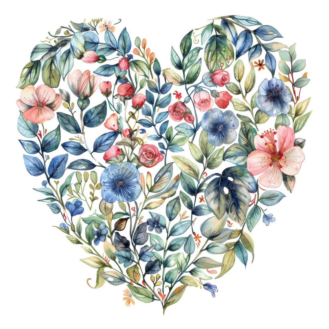 12 Floral Heart Clipart, Watercolor Flowers and Leaves, Printable ...