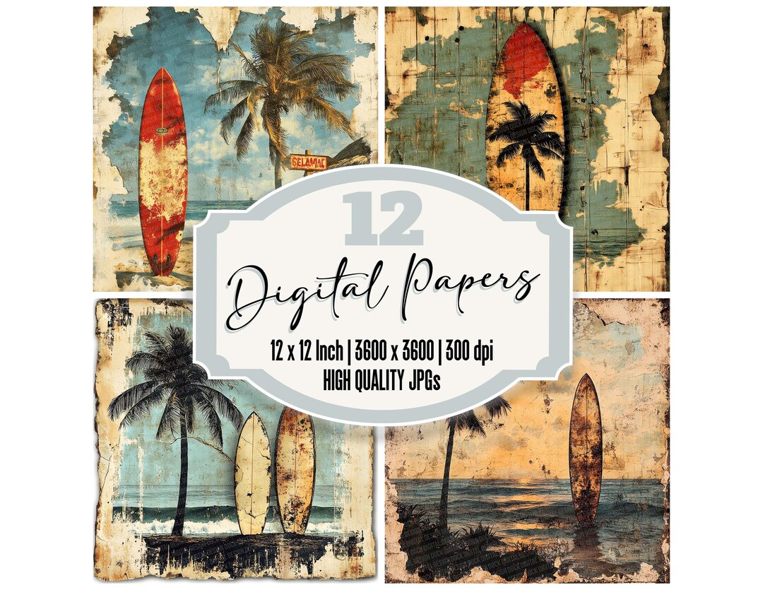 12x Surfboard Shack Junk Journal Paper Rusty Beach Digital Paper Pack ...