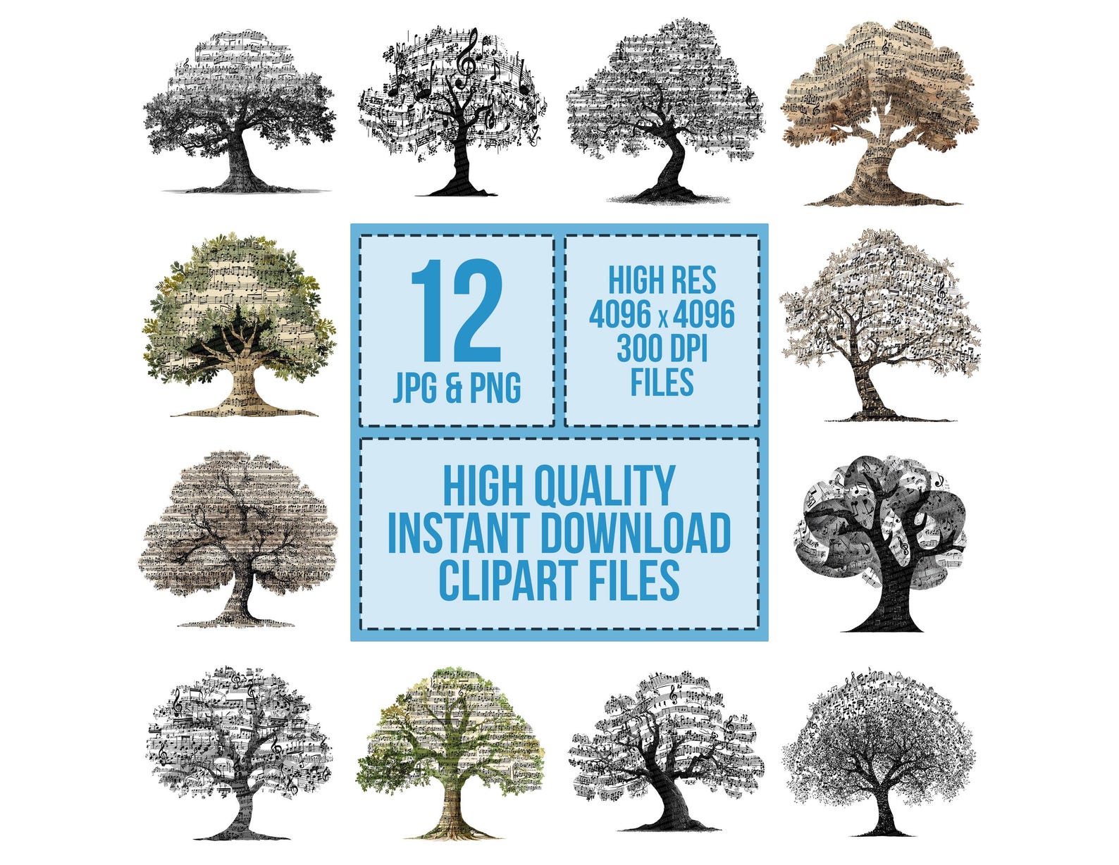 Music Note Tree Clipart, 12x Sheet Music Tree Clip Art Set, Printable ...