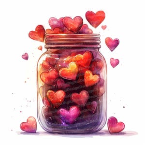 12x Jar of Heart Clipart, Watercolor Hearts in a Jar, Love Clipart ...